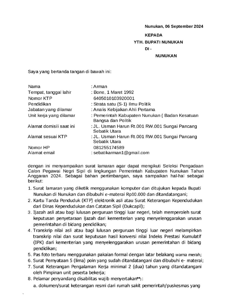 Surat Lamaran CPNS Arman (1) | PDF