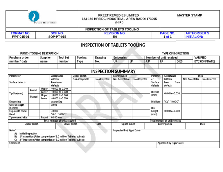 Inspection of Tablets Toooling | PDF