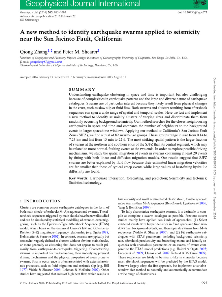 Zhang Et Al - A New Method To Identify Earthquake Swarm at San Jacinto Fault | PDF | Earthquakes ...
