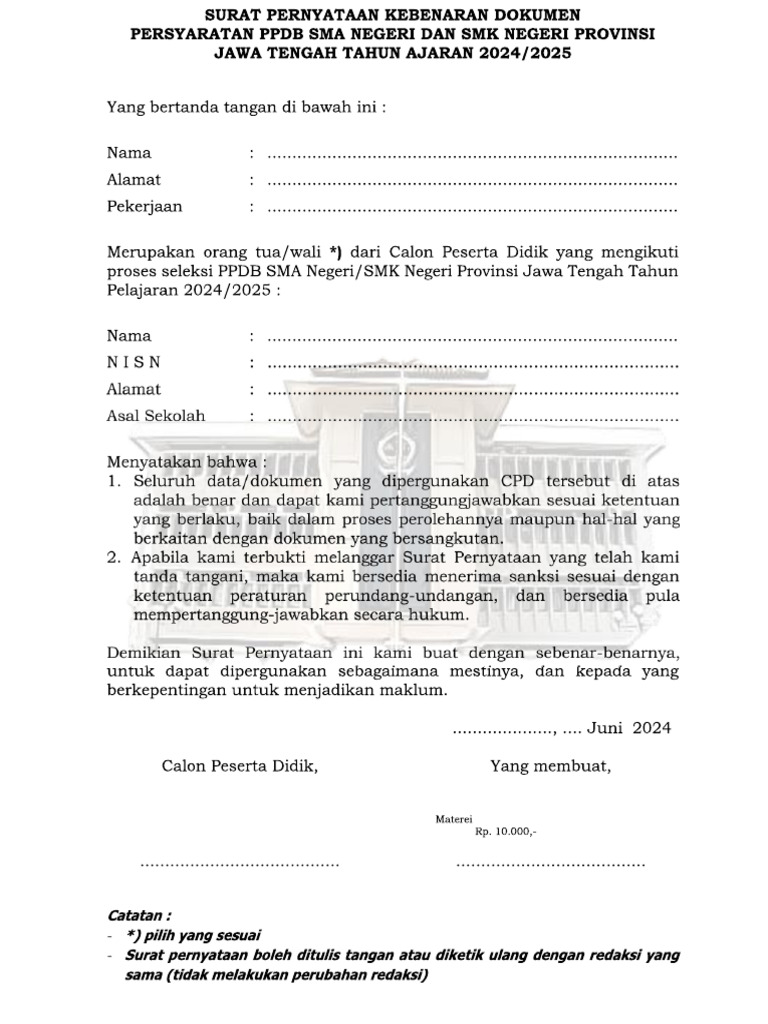 PERNYATAAN KEBENARAN DOKUMEN PPDB | PDF