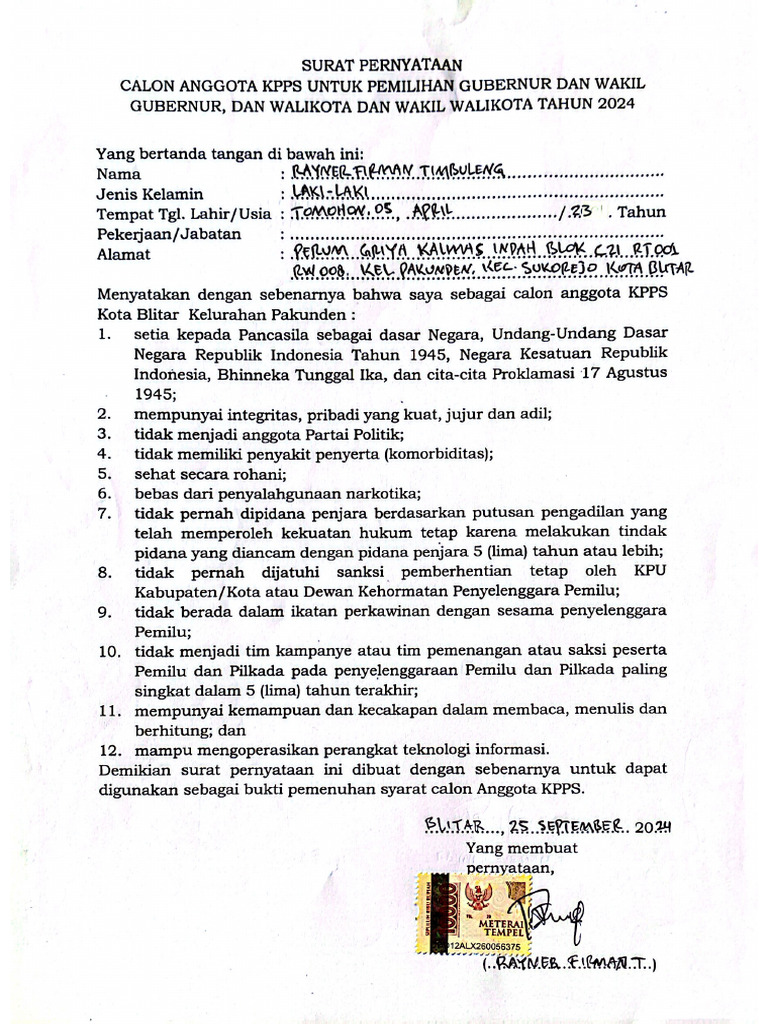 Surat Pernyataan_Rayner Firman Timbuleng | PDF