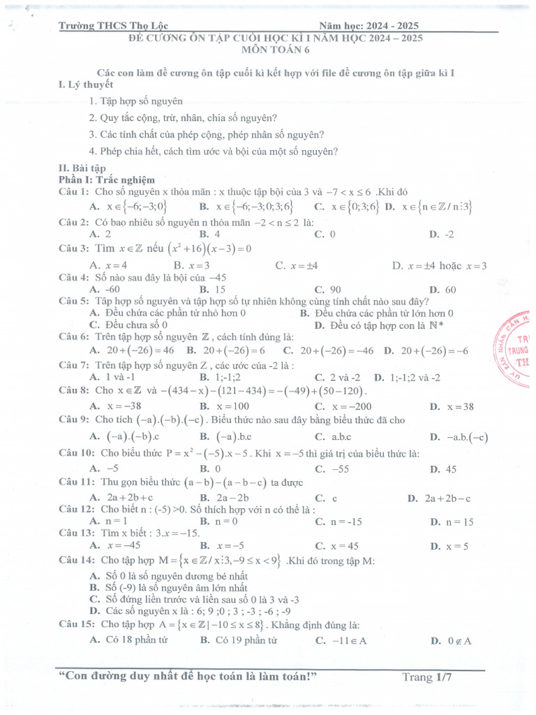 De Cuong Hoc Ki 1 Toan 6 Nam 2024 2025 Truong Thcs Tho Loc Ha Noi | PDF
