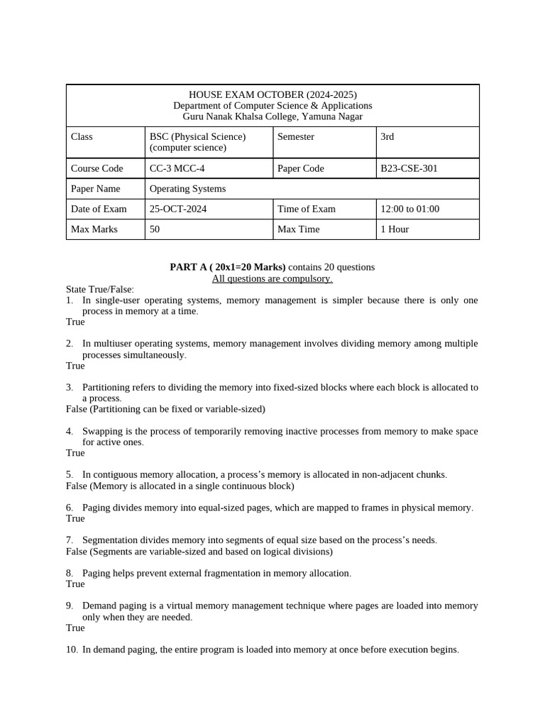 Answers to Os House Exam Oct 2024 | PDF | Process (Computing) | Computer Data Storage