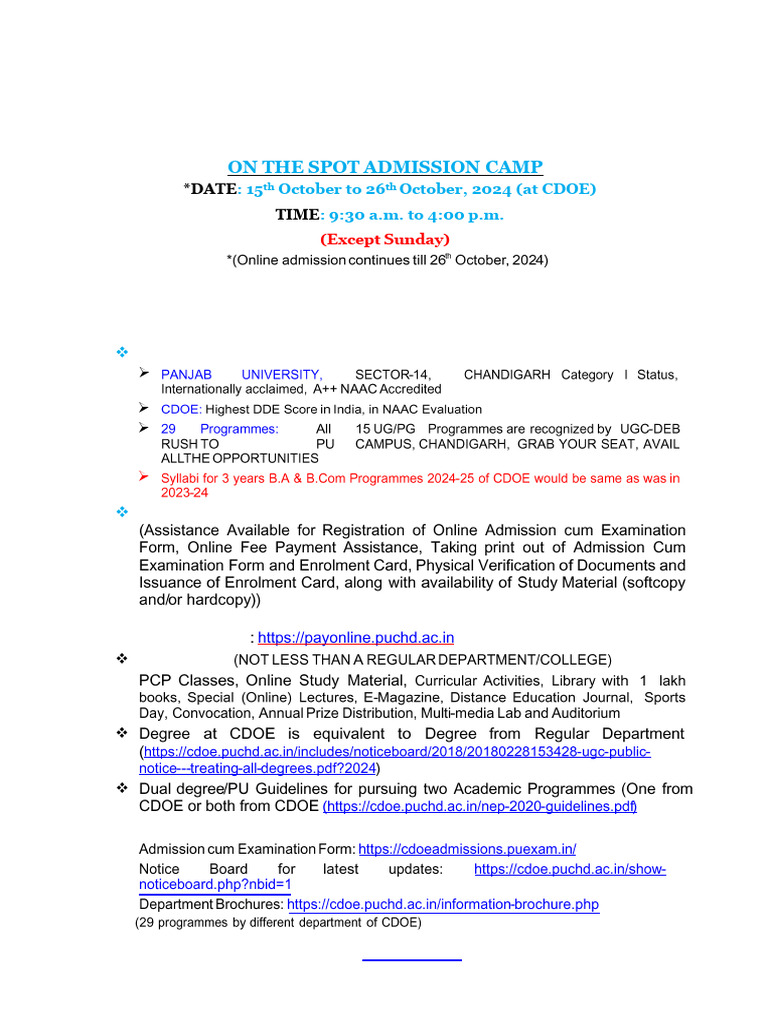CDOE Admission Camp 2024-25 Details | PDF