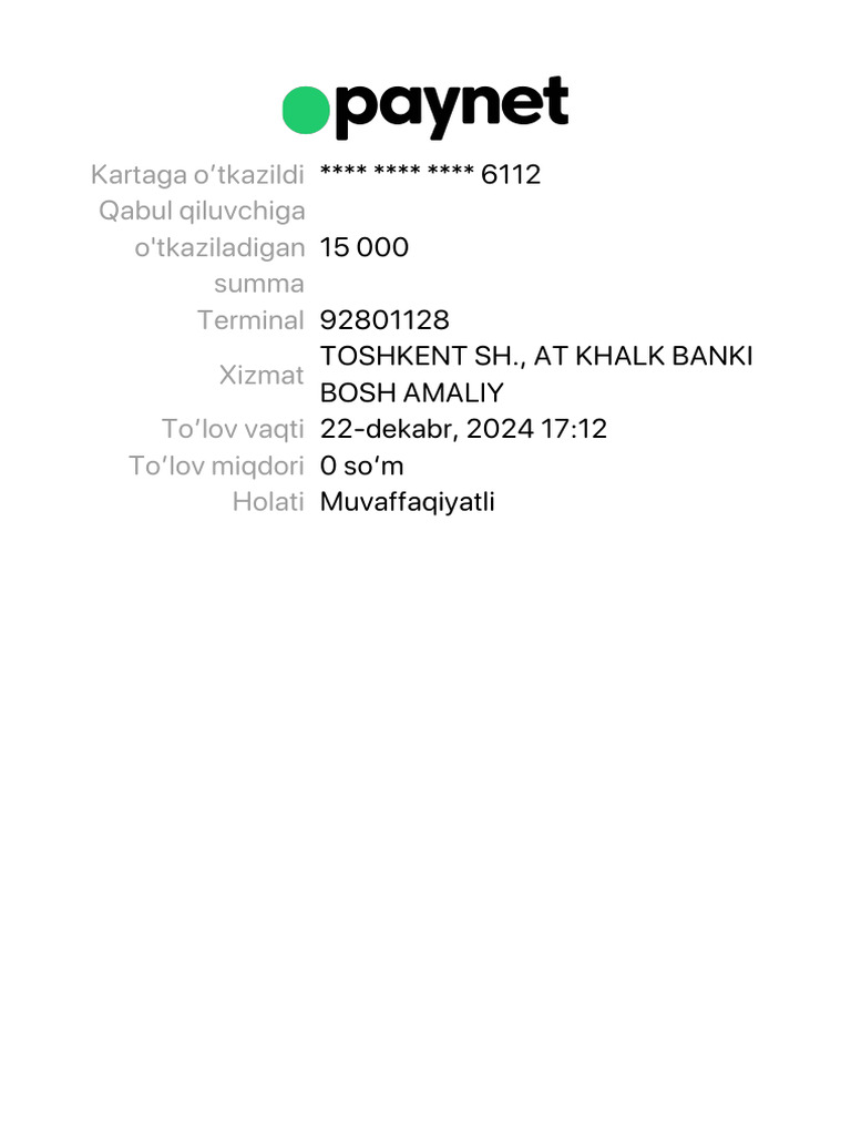 Kartaga O'tkazildi Qabul Qiluvchiga O'tkaziladigan Summa Terminal ...