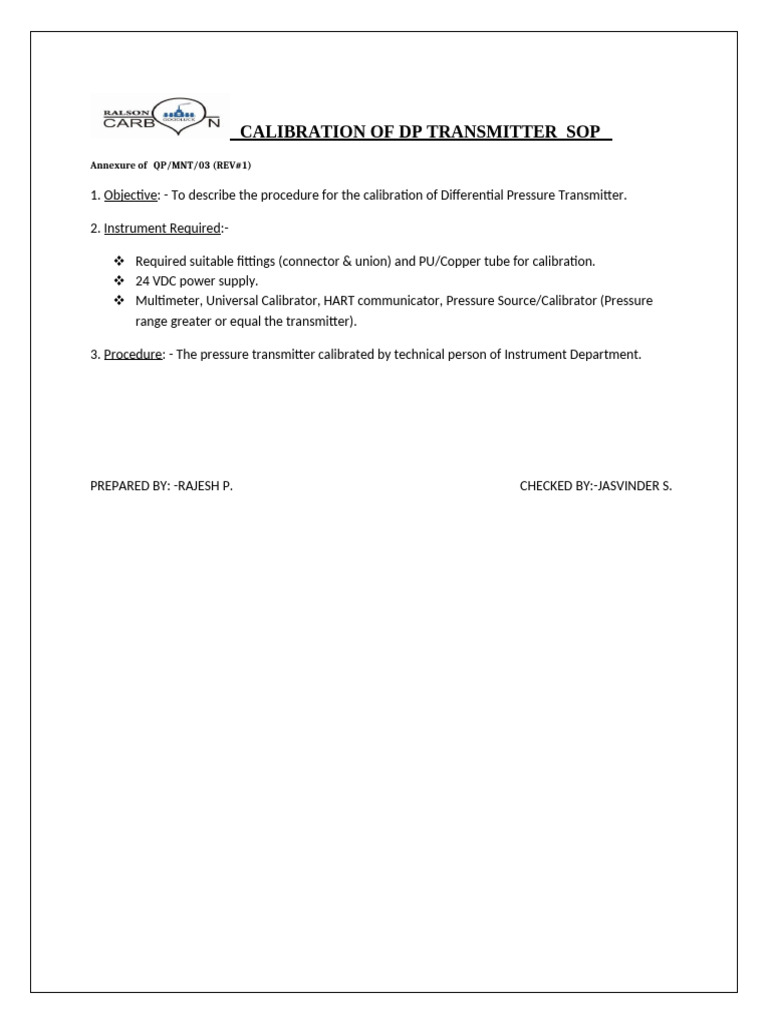 Calibration Sop DPT | PDF