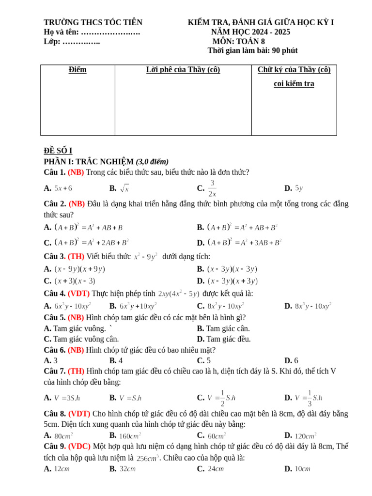 ĐỀ ĐỂ KTRA Ghk1-Toan 8 | PDF