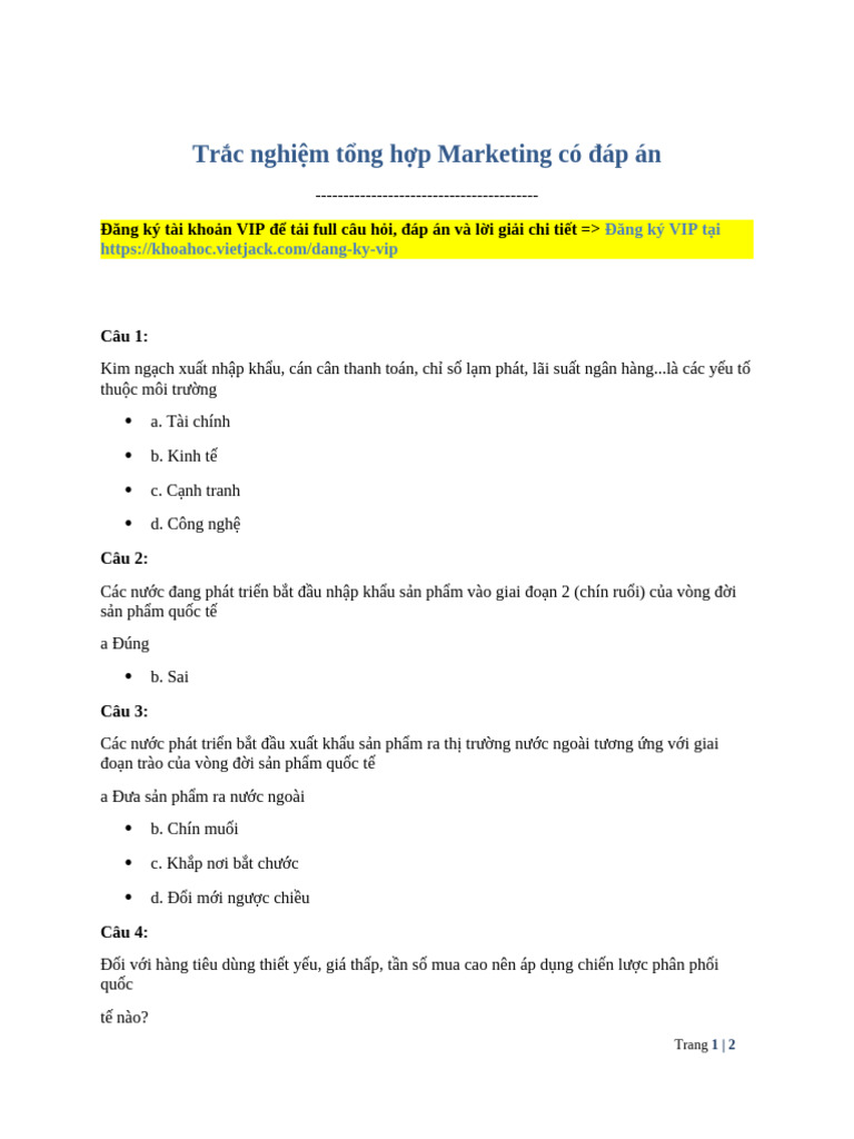 Trac Nghiem Tong Hop Marketing Co Dap an 2024-11-27 | PDF