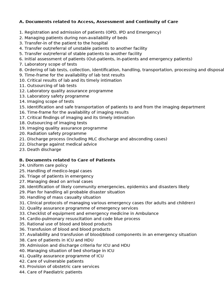 Nabh Standard Checklist | PDF | Medicine | Patient