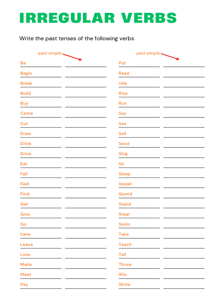 Irregular Verbs List Worksheet in Black and Blue Simple Style | PDF | Linguistics | Grammar