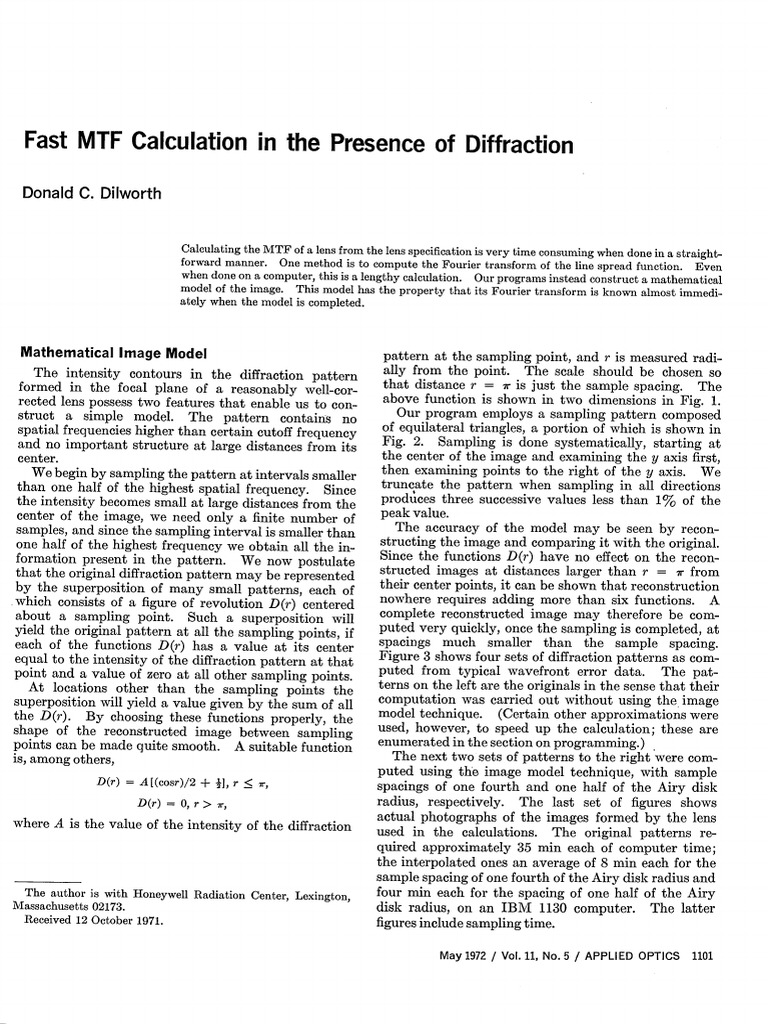 dilworth1972-Fast MTF Calculation in the Presence of Diffraction | PDF | Diffraction | Optics