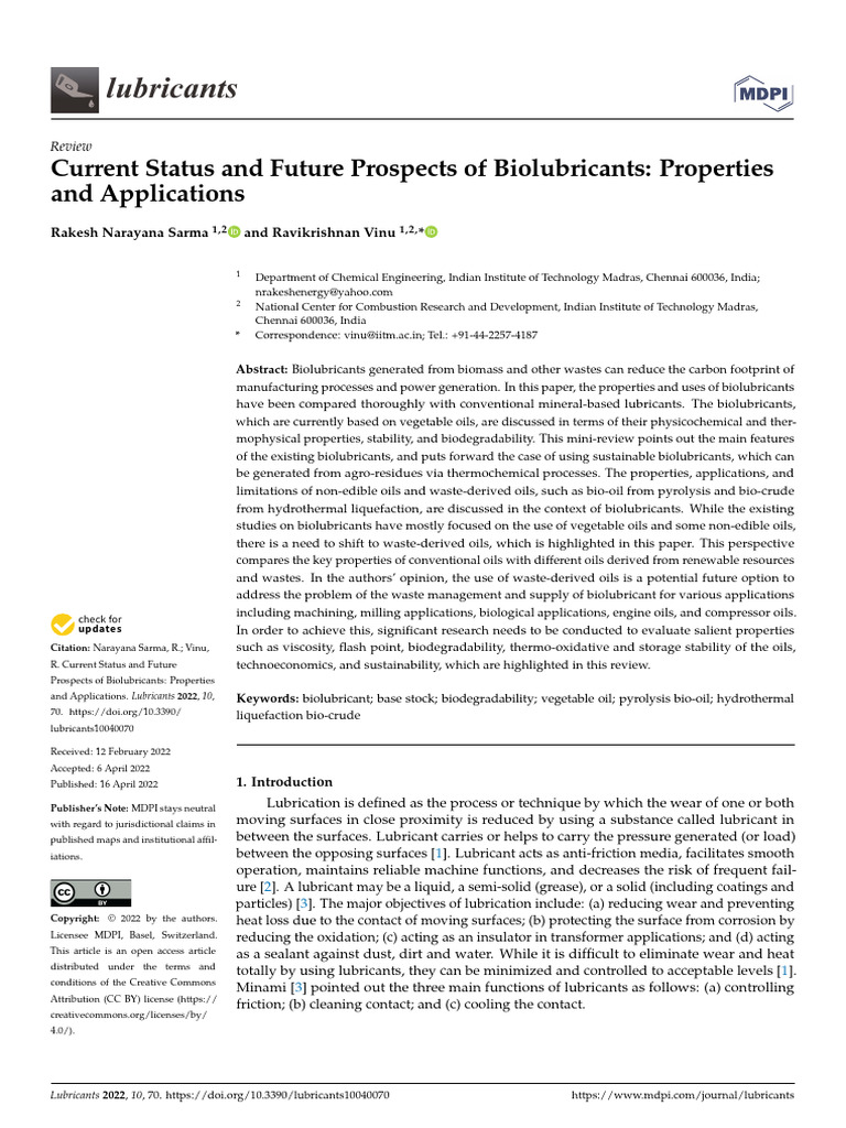Current Status and Future Prospects of Biolubricants Properties | PDF ...