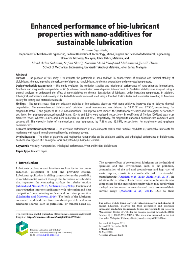 Enhanced performance of bio-lubricant properties with nano-additives for sustainable lubrication ...