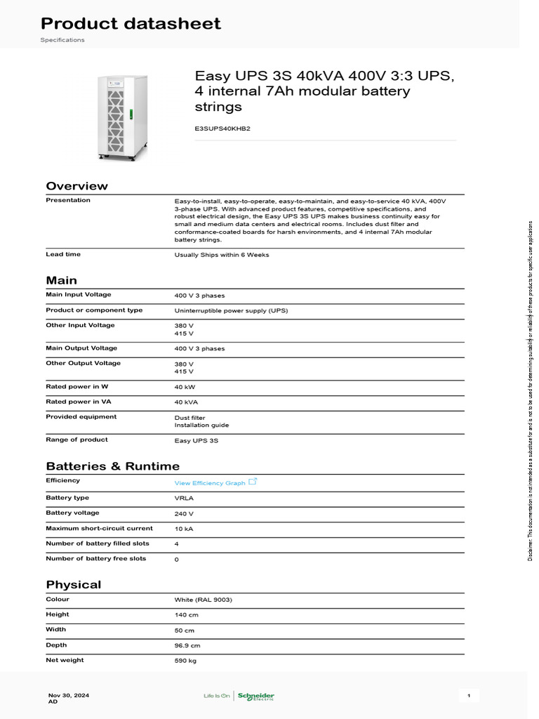 Easy UPS 3S 40kVA 400V Specs | PDF | Mains Electricity | Computer ...