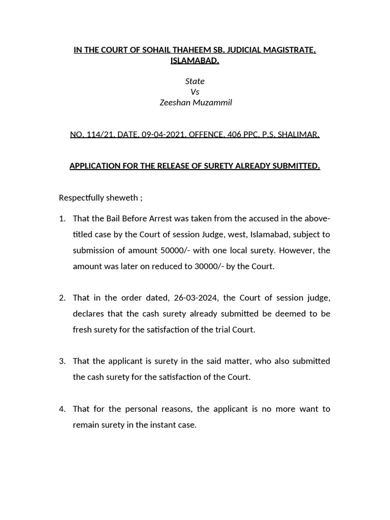 Surety Release Application for Zeeshan Muzammil | PDF