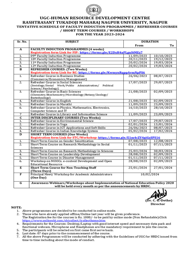 (Revised Ugc HRDC Rtmnu) Tentative Schedule 2023-24 | PDF | Science