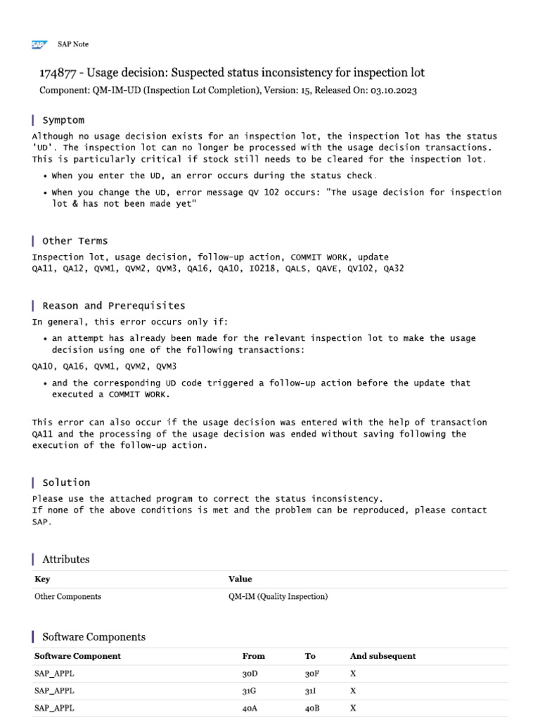 Usage Decision Suspected Status Inconsistency For Inspection Lot Pdf