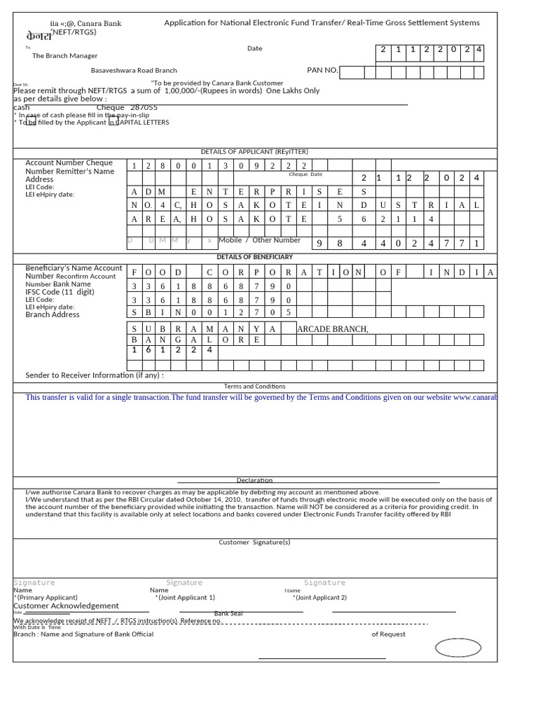 Canara Bank NEFT-RTGS Form | PDF | Banks | Financial Technology
