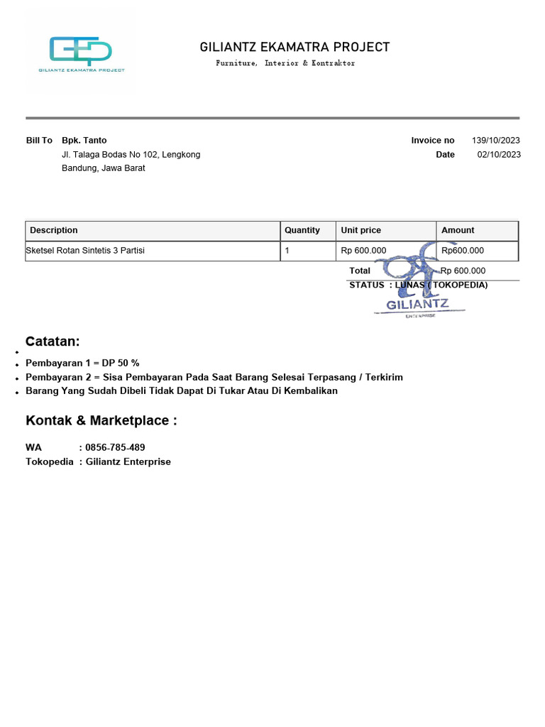 Invoice 139- Bpk Tanto | PDF