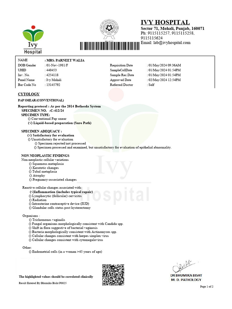 2024 Pap Smear Report Summary | PDF | Causes Of Death | Gynaecologic ...