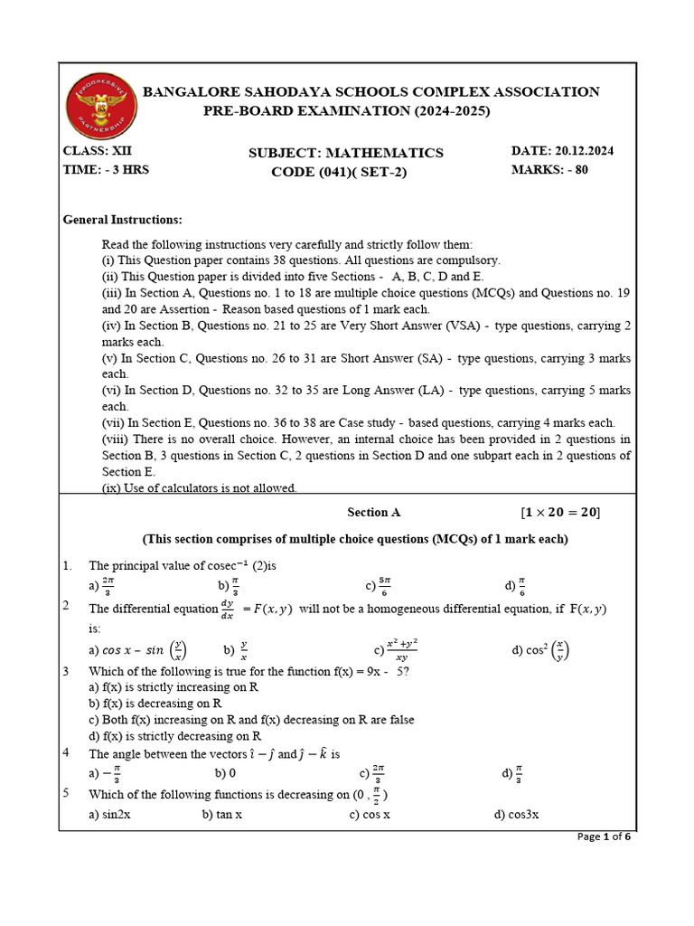 QP MATH SET2 | PDF | Vector Space | Multiple Choice