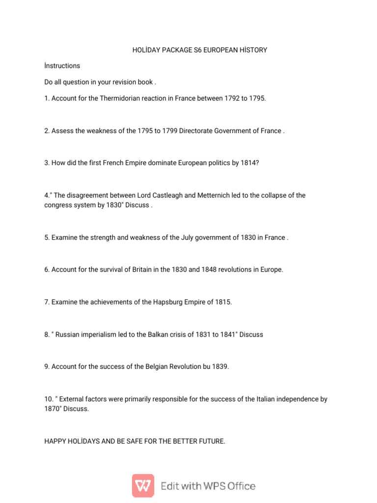 s.6 History 3 Holiday Package Wps Office | PDF