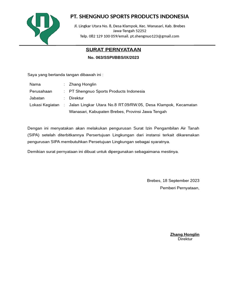 Pernyataan SIPA PT Shengnuo Brebes | PDF