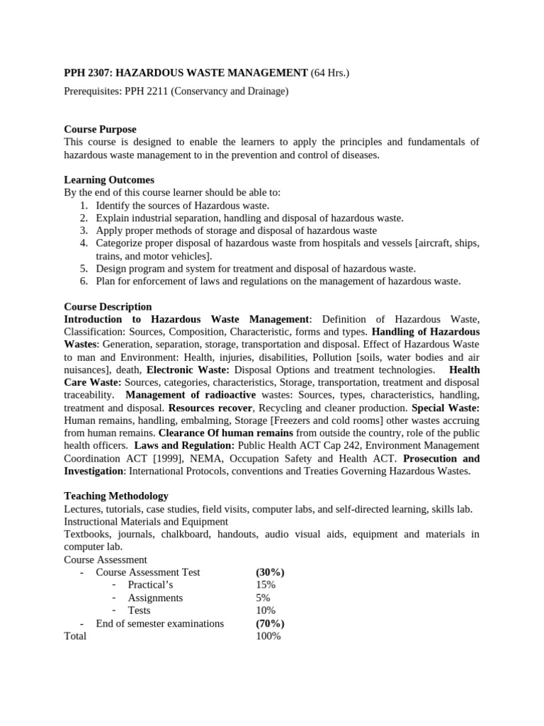 Course Outline Hazardous Waste Mgt-PPH 2307 | PDF | Waste | Hazardous Waste