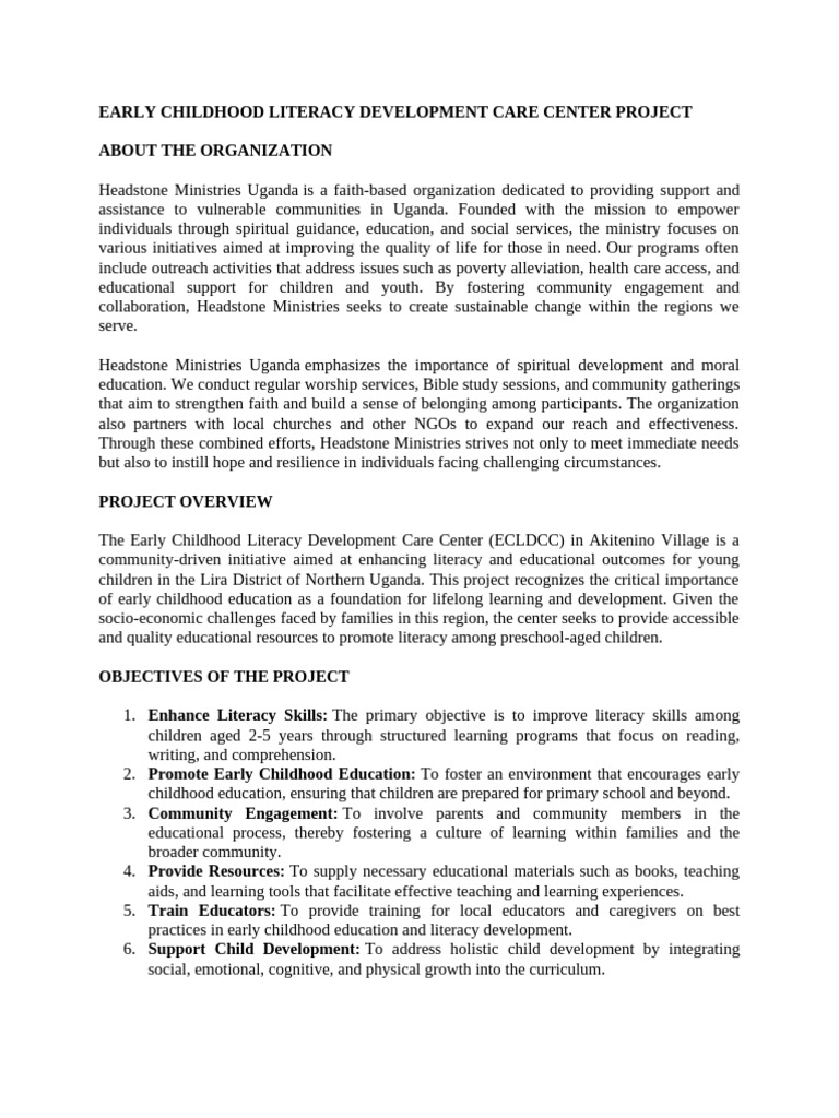 EARLY CHILDHOOD LITERACY DEVELOPMENT CARE CENTER PROJECT | PDF ...