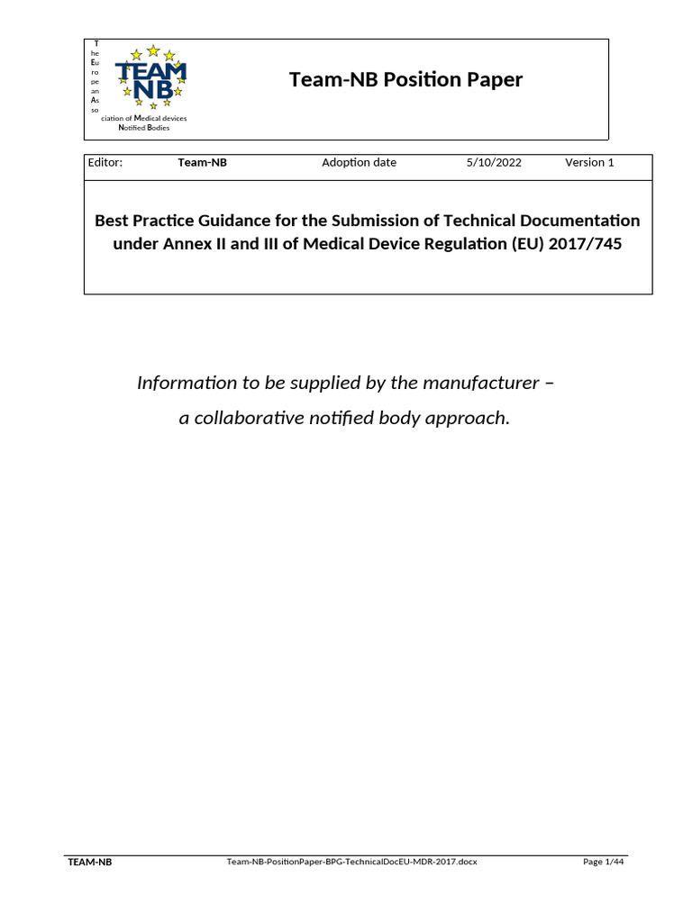Team NB PositionPaper BPG TechnicalDocEU MDR 2017 V1 Final | PDF | Risk Management | Medical Device