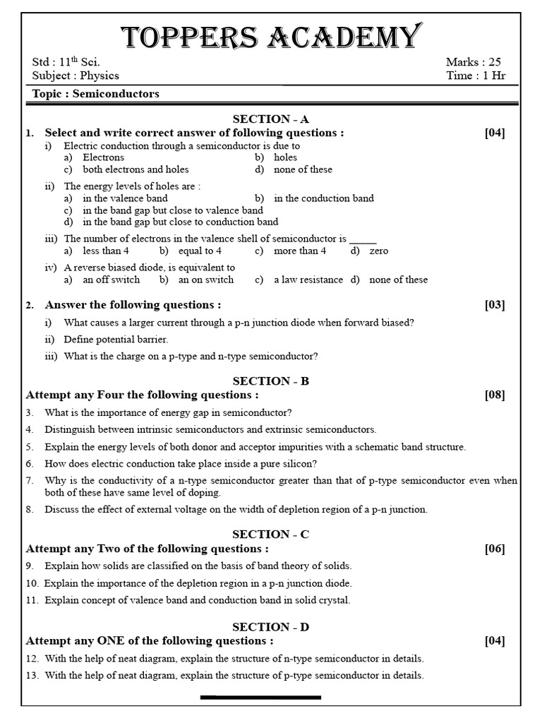 11 Semiconductors Physics Q Paper | PDF | Semiconductors | P–N Junction