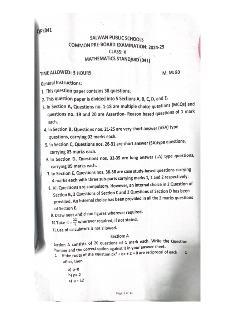 Maths-Common Pre Board Exam | PDF