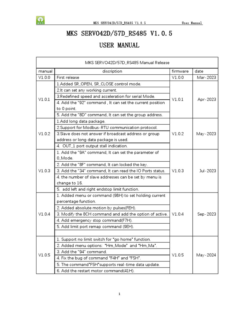 MKS SERVO42&57D - RS485 User Manual V1.0.5 | PDF | Menu (Computing) | Telecommunications