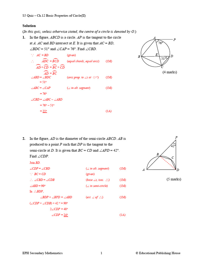 S5 Quiz - Ch.12 Basic Properties of Circle (II) Solution | PDF | Circle | Analytic Geometry