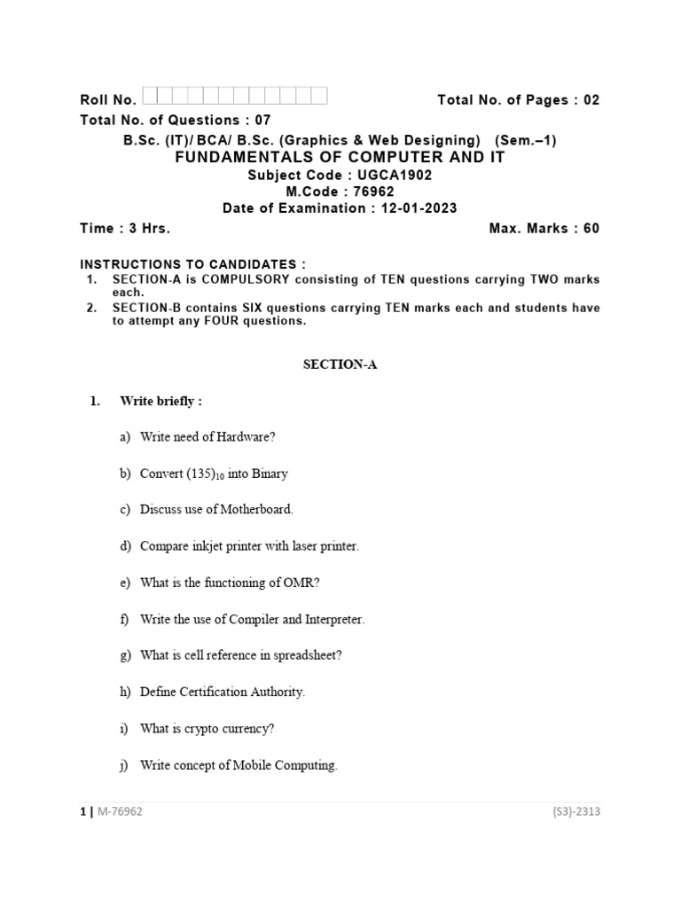 Bsc Bca 1 Sem Fundamentals of Computer and It 76962 Jan 2023 | PDF