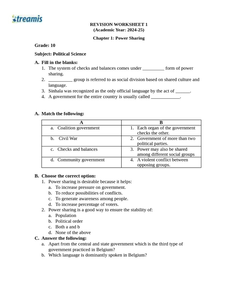 Ch-1 Power Sharing Worksheet | PDF