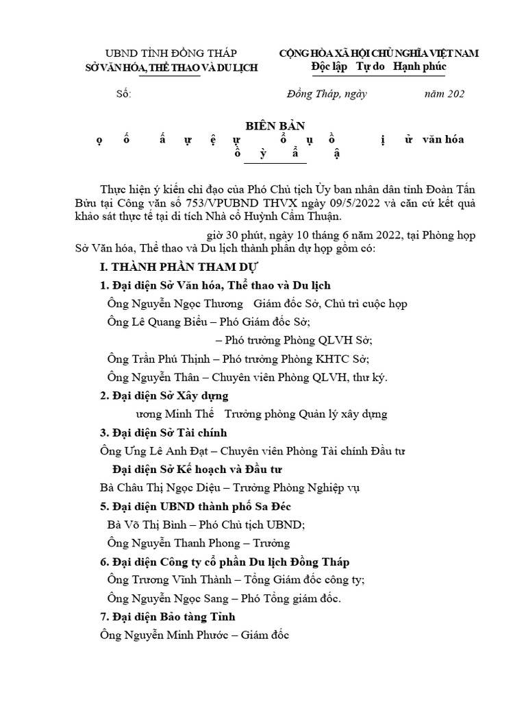 Bien Ban Hop Thong Nhat Du An Tu Bo Di Tich Huynh Cam Thuan | PDF