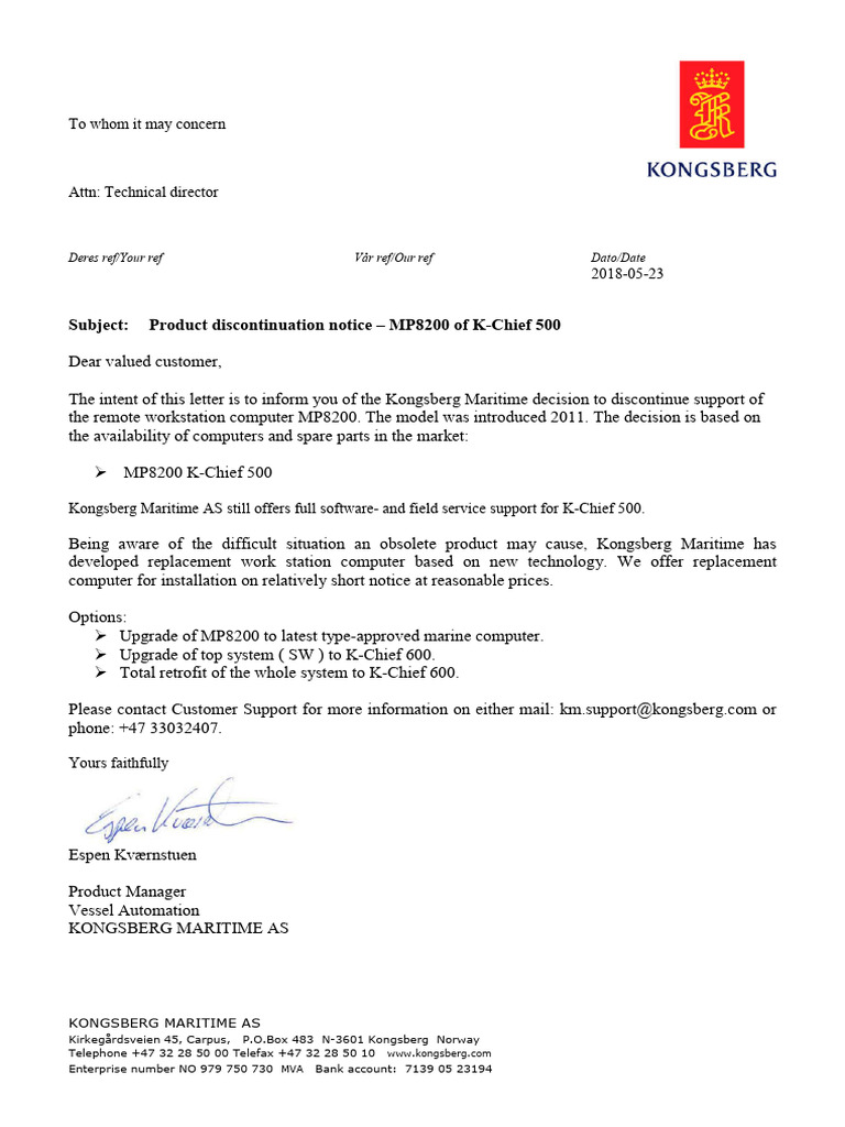 Product Discontinuation For Kongsberg Maritime As Mp8200 of K Chief 500 ...
