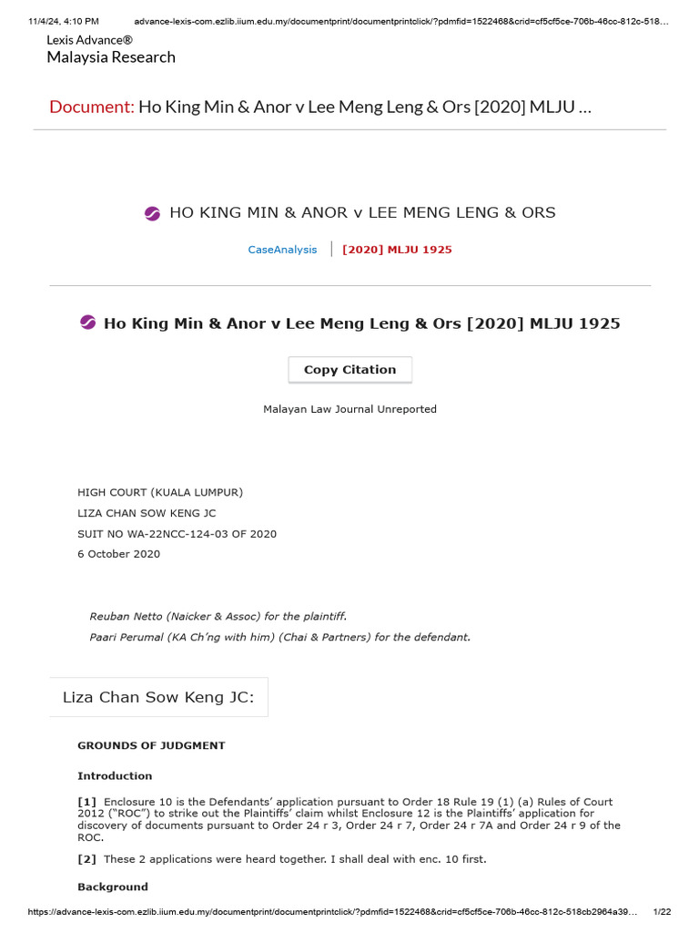 Ho King Min V Lee Meng Leng | PDF | Cause Of Action | Judgment (Law)