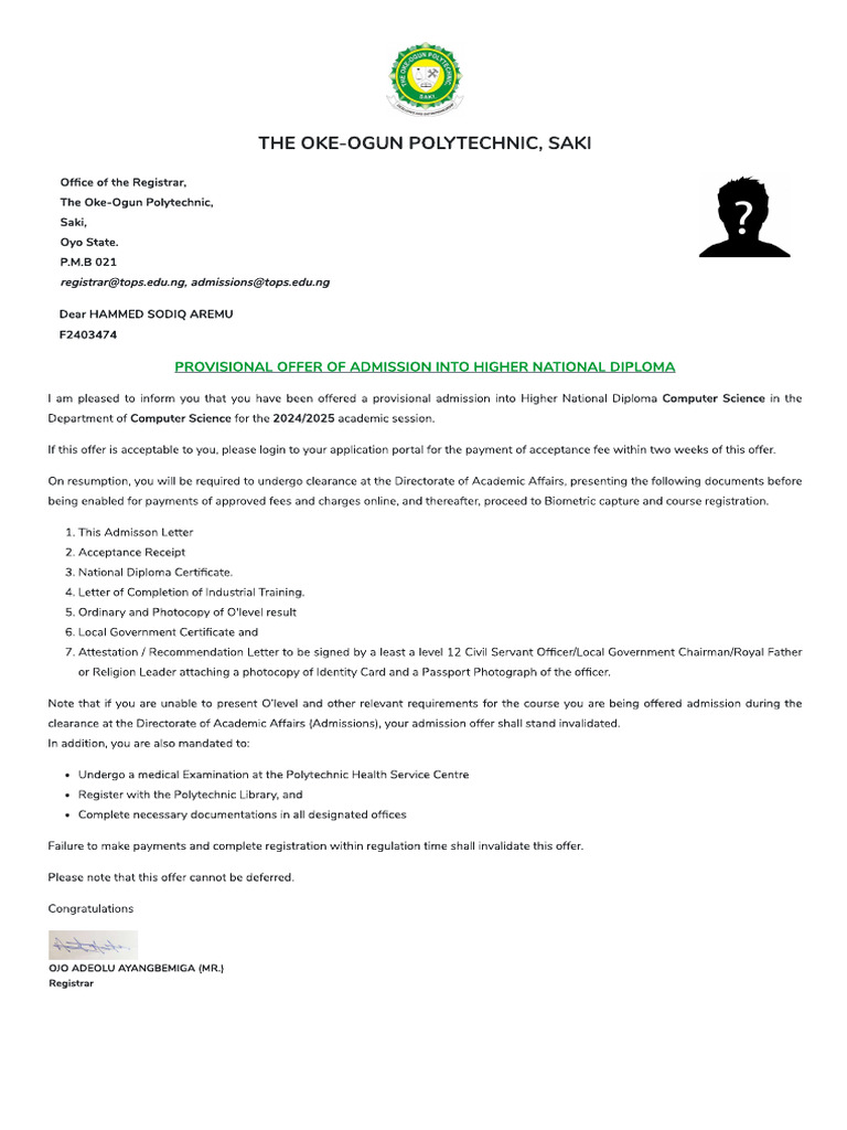 Desmond Admission Letter | PDF