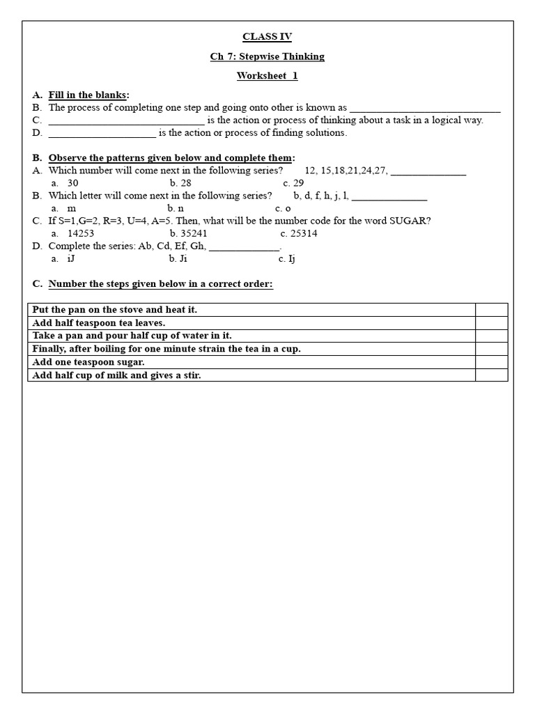 Class 4 Ch-7 WorksheetWorksheet -1 | PDF