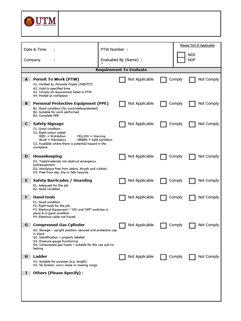 UTMOSHE-P0912-F03-WEC Workplace Evaluation Checklist | PDF