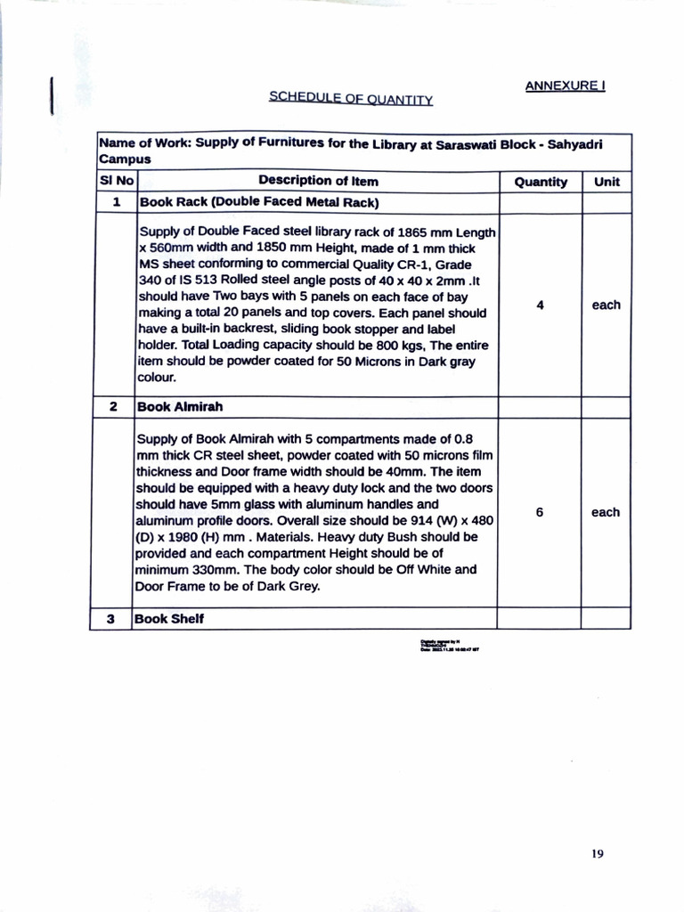 Schedule Pe Quantity: Si No Description of Item Book Rack (Double Faced ...
