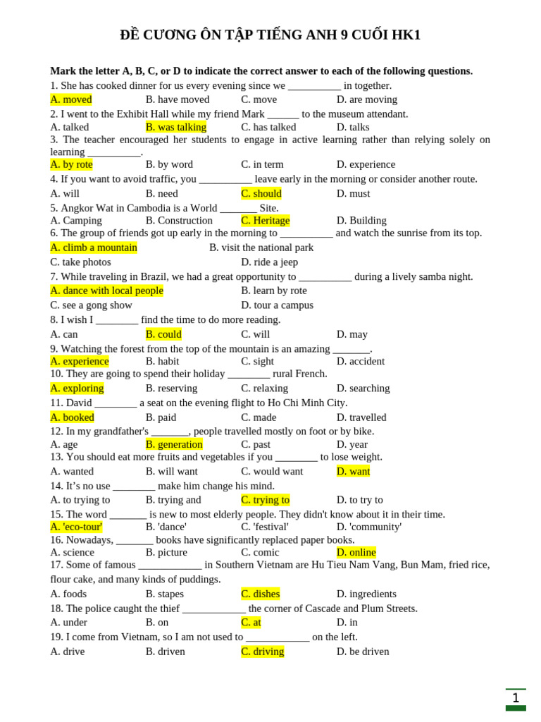De Cuong On Tap Tieng Anh 9 - hk1 - Chinhthuc - Key | PDF | Wheel | Body Language