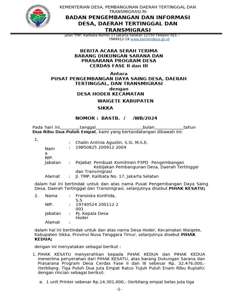 BAST PPK PC Dan Printer Ceklis Spesifikasi - Desa Hoder-Sikka | PDF