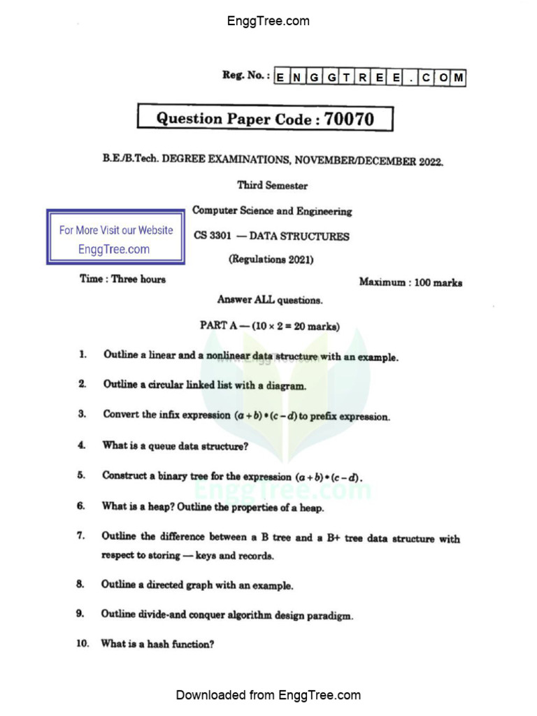 CS3301 Data Structures Nov Dec 2022 Question Paper Download | PDF