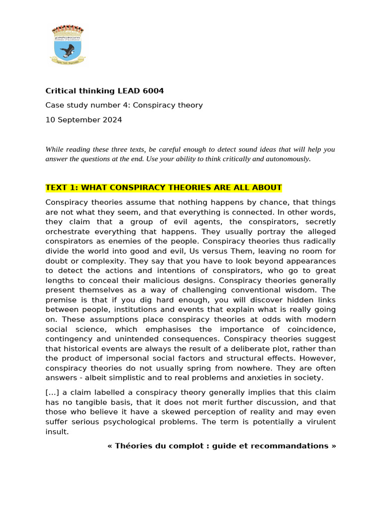 Critical Thinking LEAD 6004 Case Study On Conspiracy Theory | PDF
