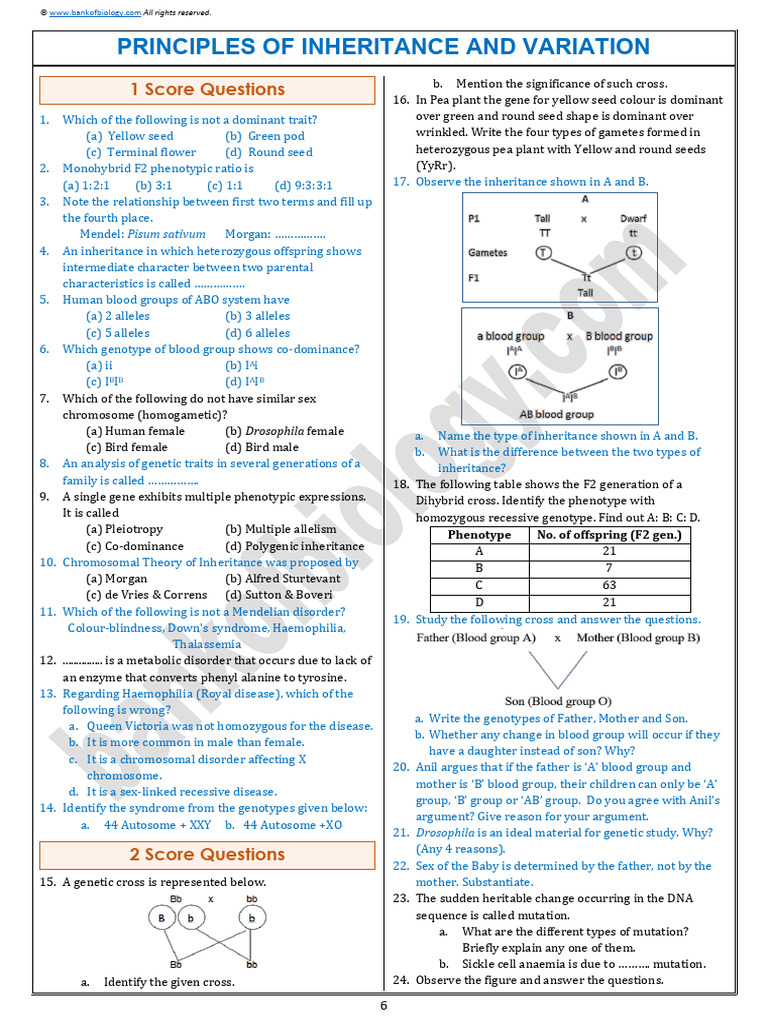 Principles of Inheritance and variation SAMPLE QUESTIONS | PDF ...