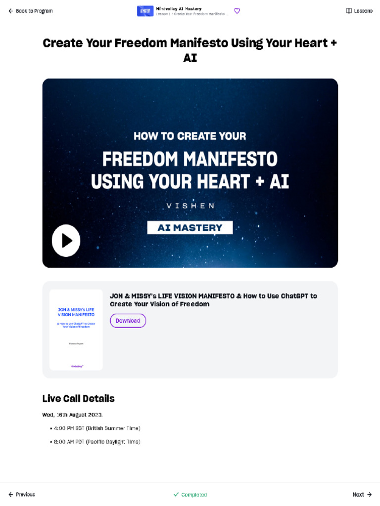 01 Lesson 1 Create Your Freedom Manifesto Using Your Heart + AI | PDF