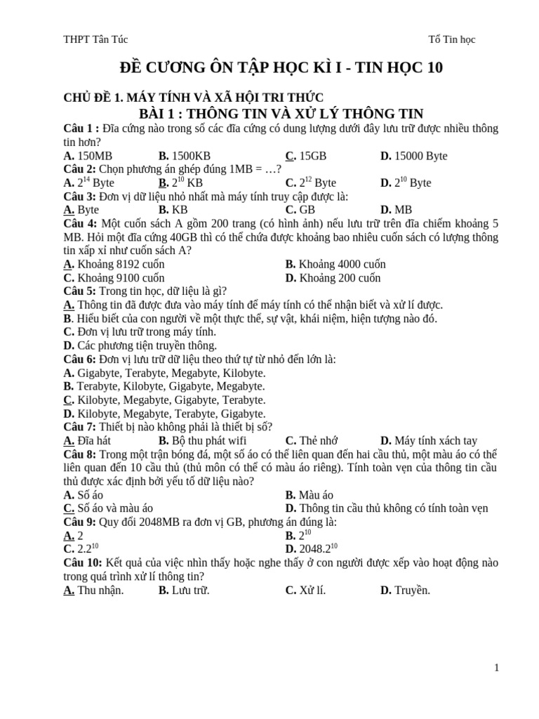 [K10] DE CUONG ON TAP HKI (1) | PDF